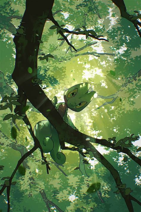 A Green Pokemon Sitting On Top Of A Tree Branch In The Sun Shining