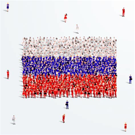 러시아 국기입니다 러시아 국기의 모양을 만들기 위해 많은 사람들이 모여듭니다 벡터 일러스트 레이 션 프리미엄 벡터