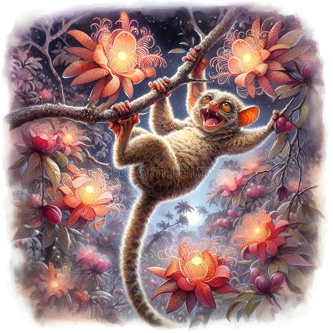 A Tarsier Hanging From A Tree With Nocturnal Flowers Stock Illustration