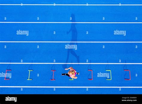 Drone Recording Baden Wuerttemberg Athlete At Hurdles Germany Stock