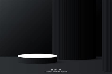 호화스러운 3d 백색 까만 실린더 연단 받침대는 거대한 기둥 또는 극 배경으로 현실적이다 제품 전시 또는 모형을 위한 최소한의 장면 3d 벡터 렌더링 디자인 제품