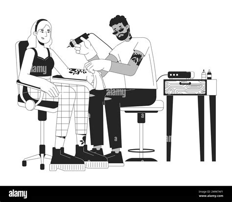 Black Artist Making Tattoo On Woman Arm Black And White 2d Line Cartoon Characters Stock Vector