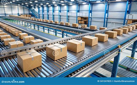 automated sorting system with packages moving along conveyor belts in