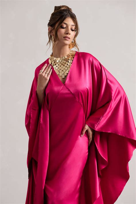 Alohi Hot Pink Satin Plunge Cape Maxi Dress Club L London Aus