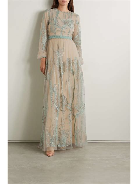 Beige Jezebel Lace Trimmed Sequin Embellished Tulle Gown COSTARELLOS NET A PORTER