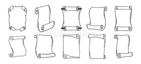 Ancient Empty Scroll Doodle Hand Drawn Ancient Medieval Paper Outline Icon Set Outline Vector