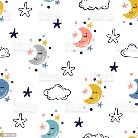 낙서 귀여운 달 구름과 별 벡터 원활한 패턴 아이 패션 보육 베이비 샤워 스칸디나비아 디자인을위한 밤 하늘 다채로운 배경 0명에 대한 스톡 벡터 아트 및 기타 이미지