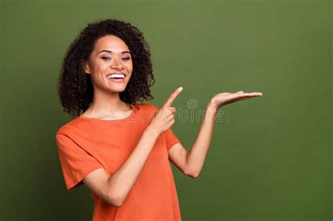 Photo Portrait Of Lovely Young Lady Point Hand Hold Empty Space Wear