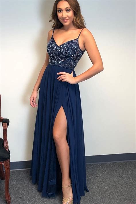 Wd0259sexy Spaghetti Straps Long Beaded Prom Dress With Split Slit