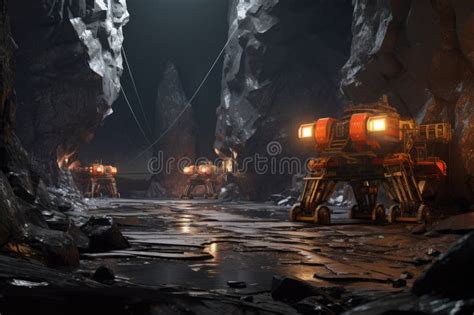 Tethered Mining Robots Working On Asteroid Surface Stock Illustration