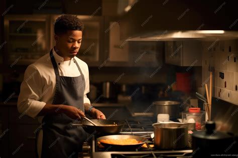 Premium Photo Male African American Young Adult Cooking A Meal In