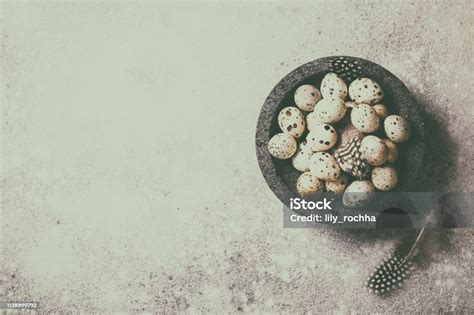 부활절 휴일 개념입니다 회색 배경에 접시에 메 추리 계란 배와 휴일 장식입니다 텍스트의 공간을 복사 합니다 톤 이미지 빈티지