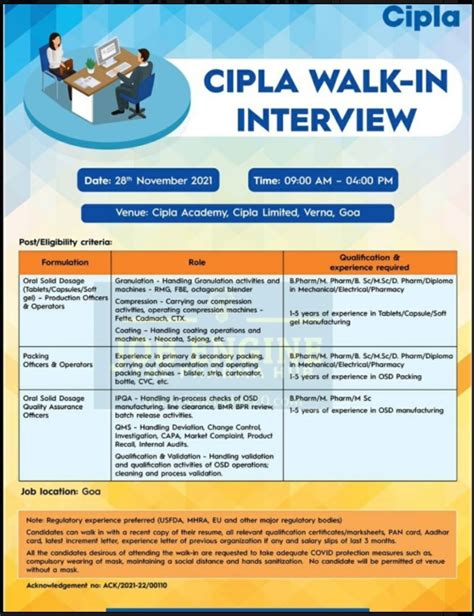 Cipla Limited Walk In Interviews For Production Packing Qa