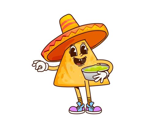 Groovy Mexican Nacho Chip With Guacamole Sauce Stock Vector Illustration Of Retro Funny