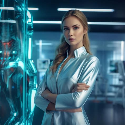Premium Ai Image A Woman Stands In Front Of A Glass Wall With Her