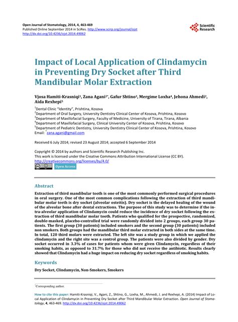 Pdf Impact Of Local Application Of Clindamycin In Preventing Dry
