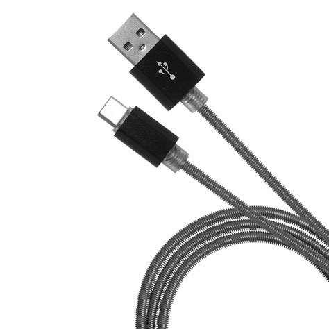 Кабель Usb Type C чёрный металл штекер 1м круглый пружинистая