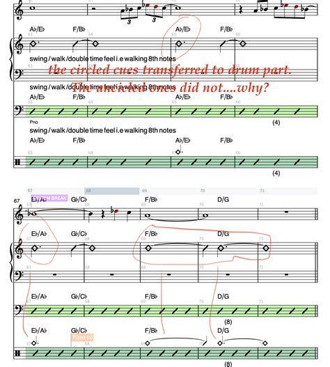Showing Rhythmic Notation Cues From Chordal Instrument In Drum Part