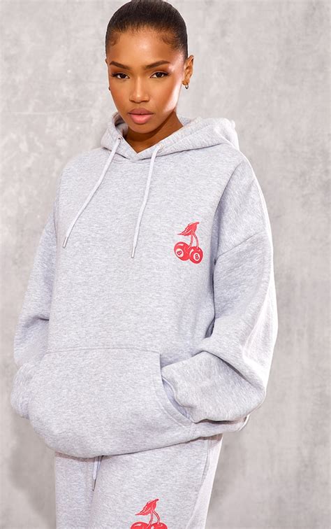 Grey Marl Cherry Print Oversized Hoodie Sweat Prettylittlething