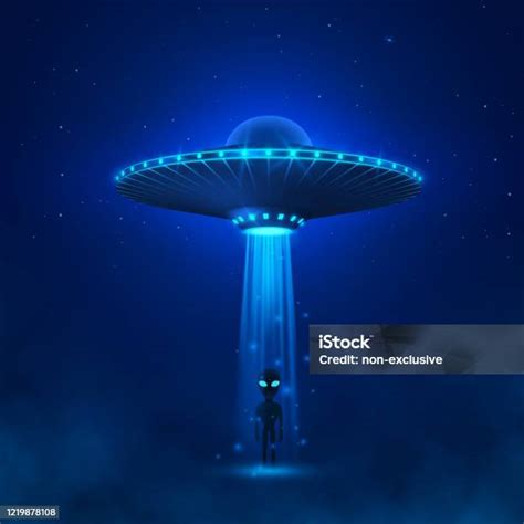 빛의 광선이있는 Ufo는 밤 하늘에서 날아다닌다 외계인 착륙 또는 침공 안개에 서 큰 녹색 눈을 가진 외계인 공상 과학 개념 벡터 일러스트레이션 검은색에 대한 스톡 벡터