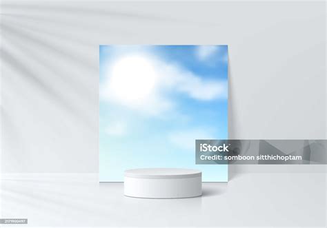 거울 유리 사각형 프레임에 푸른 하늘과 현실적인 흰색 3d 원통형 연단 배경 미니멀리스트 모형 받침대 추상 제품 디스플레이 프레젠테이션 무대 쇼케이스 플랫폼 벡터 디자인 0