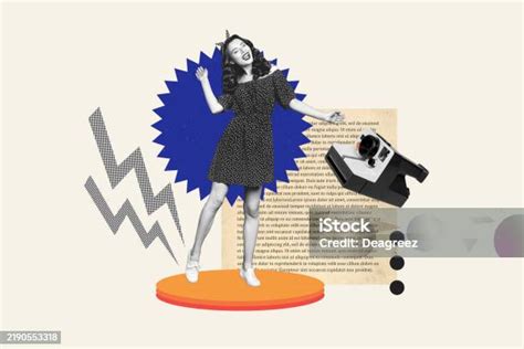 크리 에이 티브 콜라주 포스터 배너 레트로 아름다운 소녀 칼라 드레스 포즈 빈티지 카메라 댄스 노래 촬영 성능 템플릿 20 24세에 대한 스톡 사진 및 기타 이미지 Istock