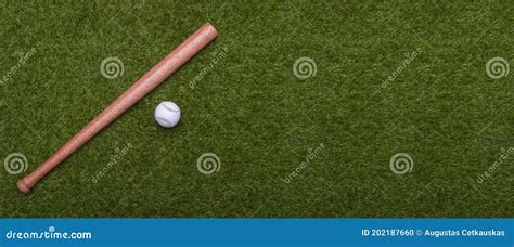 Baseball Bat And Ball On Green Grass Field Sport Theme Background With Copy Space For Text And