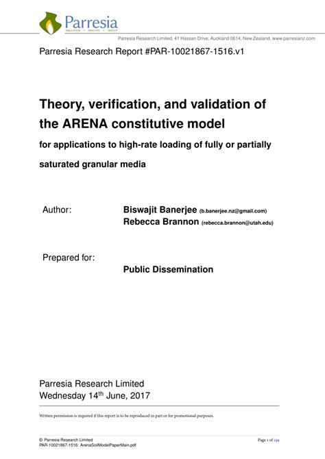 Pdf Theory Verification And Validation Of The Arena Constitutive