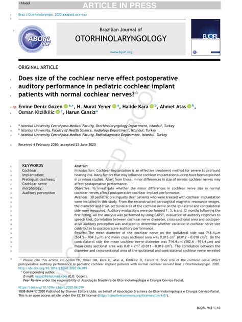 Pdf Does Size Of The Cochlear Nerve Effect Postoperative Auditory