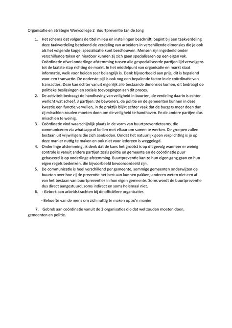 Organisatie En Strategie Werkcollege 2 Buurtpreventie Organisatie En