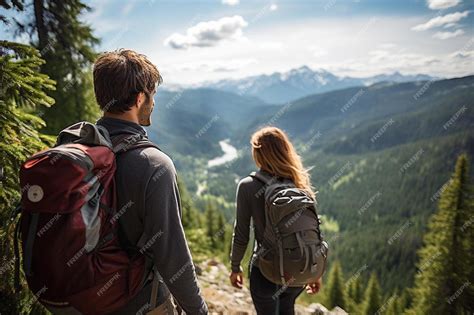 Premium Photo A Man And A Woman Walking Up A Mountain