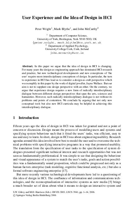 Pdf User Experience And The Idea Of Design In Hci