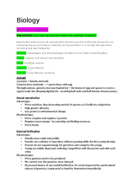 Bio Mod 5 Heredity Notes Biology Module 5 Heredity Reproduction How Does Reproduction Ensure