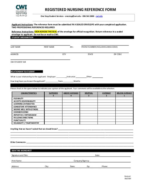 Fillable Online Registered Nursing Reference Form 2019 Professional