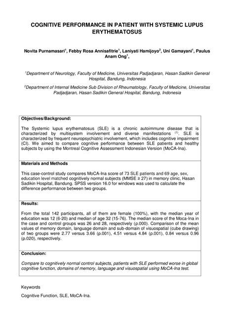 Pdf Cognitive Performance In Patient With Systemic Lupus Erythematosus