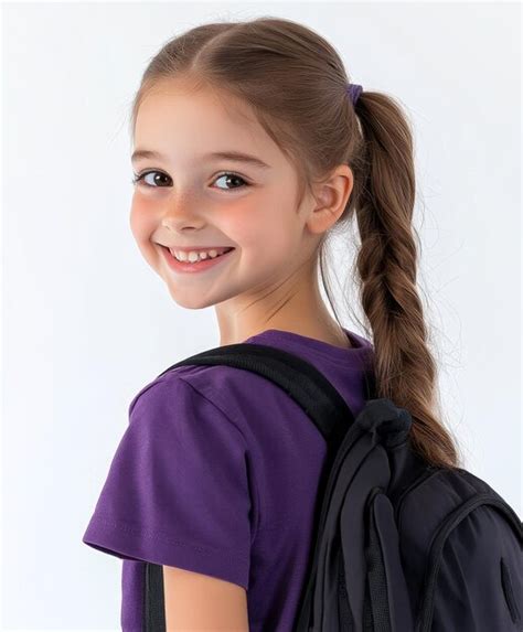 11yearold Cute White Girl Smiling Wearing A Purple Shirt And Carrying A