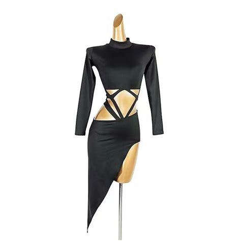 Dance Salsa Latin Dance Dress Hollow Out Pure Color Splicing Womens