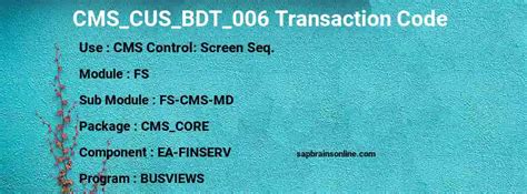 CMS CUS BDT SAP Tcode For CMS Control Screen Seq