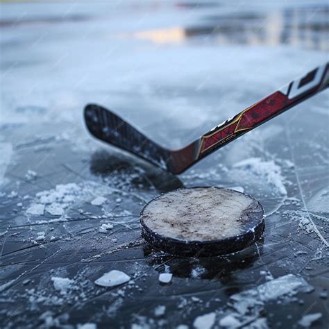 Hockey Stick And Puck Sliding On Ice Premium Ai Generated Image