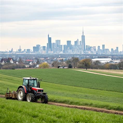 Tractor In Grass Field Near Big City Stock Illustration Illustration