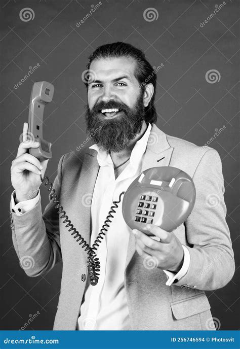Well Groomed Man In Wedding Formalwear Has Beard Use Retro Phone Call