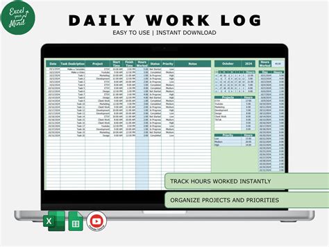 Daily Work Log Excel Template Track Time Projects Priorities Automatically Hours Worked