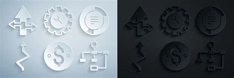 달러 기호 원형 차트 인포그래픽 화살표 계층 구조 유기사진 렌치 및 기어 및 아이콘을 설정합니다 벡터 3차원 형태에 대한 스톡