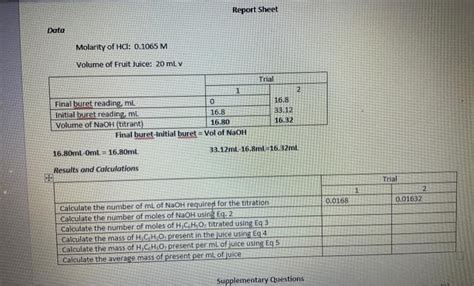 Solved Report Sheet Data Molarity Of Hcl 0 1065m Volume Of