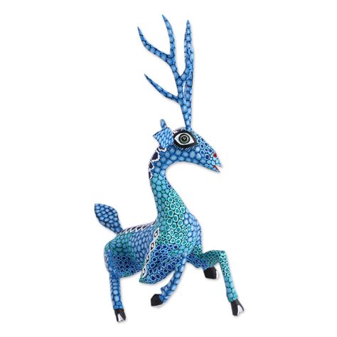 Unicef Market Hand Painted Wood Alebrije Deer Sculpture In Blue