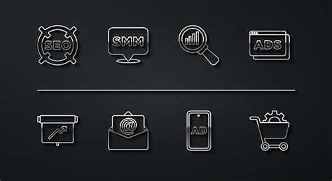 라인 Seo 최적화 그래프 차트가 있는 보드 광고 메일 및 이메일 소셜 미디어 마케팅 장바구니 및 돋보기 분석 아이콘을 설정합니다 벡터 개념에 대한 스톡 벡터 아트 및 기타