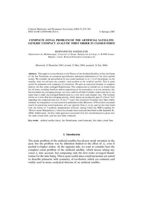 Pdf Complete Zonal Problem Of The Artificial Satellite Generic Compact Analytic First Order