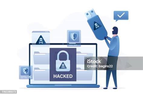 사이버 범죄자 개념 해킹된 노트북 해커 익명은 바이러스와 함께 Usb 플래시 디스크를 보유합니다 해커 공격 후 컴퓨터 파일 네트워크 불법 복제 위험 랜섬웨어 스팸 맬웨어