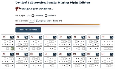 Vertical Subtraction Puzzle Missing Digits Edition