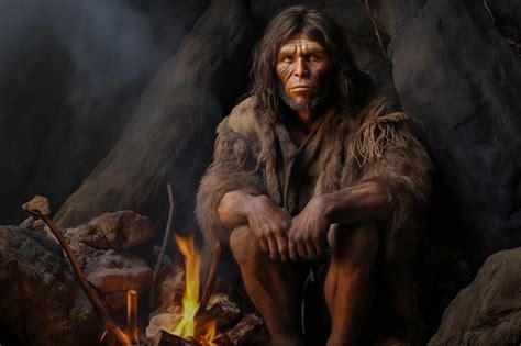 Un Homme De Cro Magnon En Peau Danimal Est Assis Près Dun Feu Dans